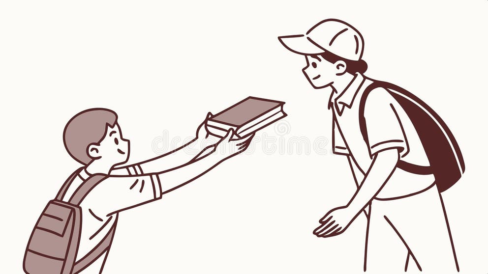 Two Student Figures Exchanging or Sharing a Book, Depicting Learning ...