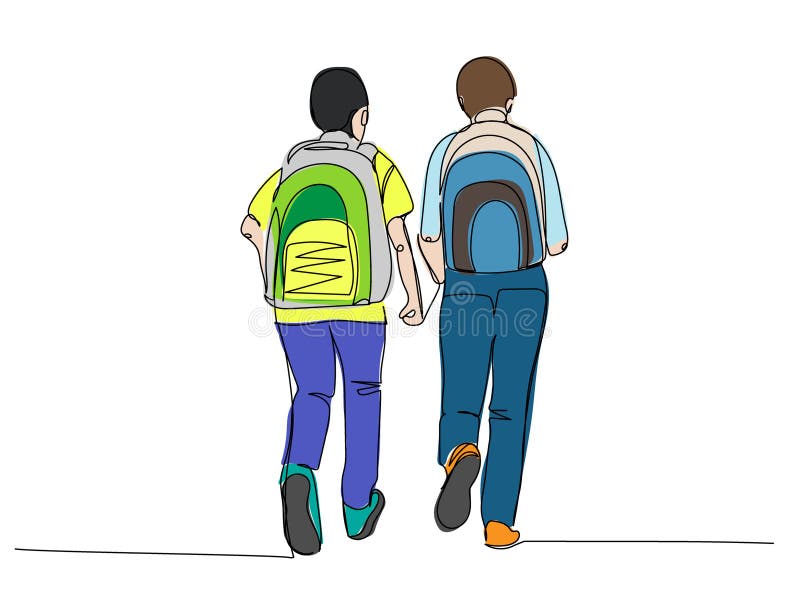 Two Students with Backpacks Going To School One Line Color Art ...