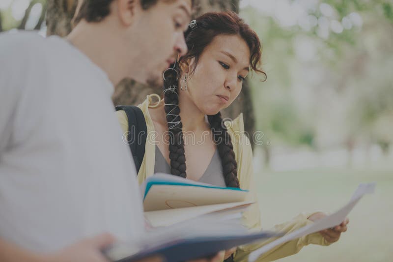 Multicultural Students Studying Together in a Serene Park Setting Stock ...