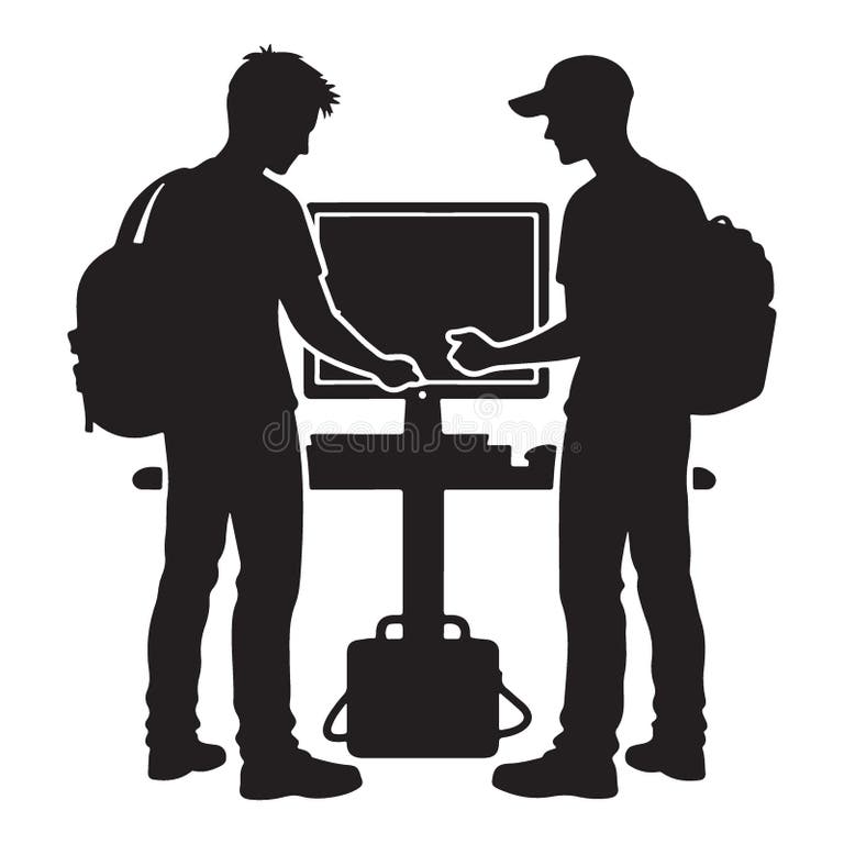 Two Students Collaboration on Computer Silhouette Vector Illustration ...