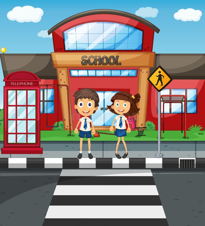 Two Students Crossing Road in Front of School Stock Vector ...