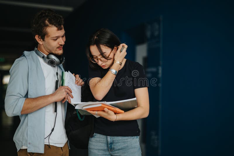 Two Students Discussing Coursework in a Hallway at University Stock ...