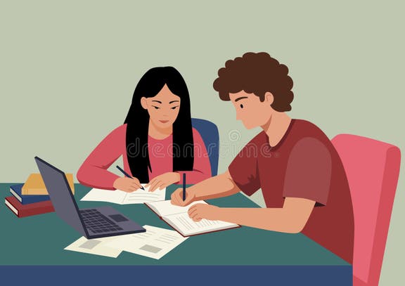 Two Students Doing Homework Together, Vector Illustration in Flat Style ...