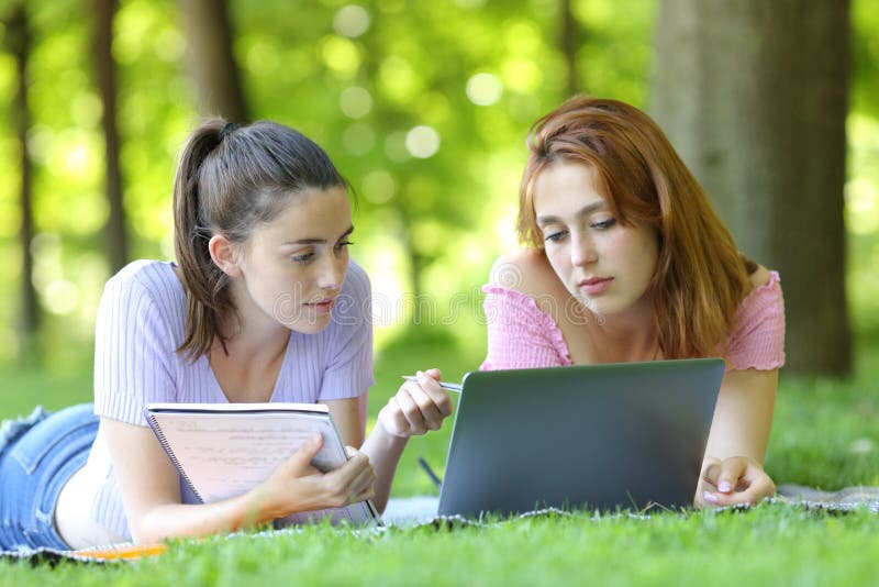 Two Students E-learning Comparing Notes Online in a Park Stock Image ...