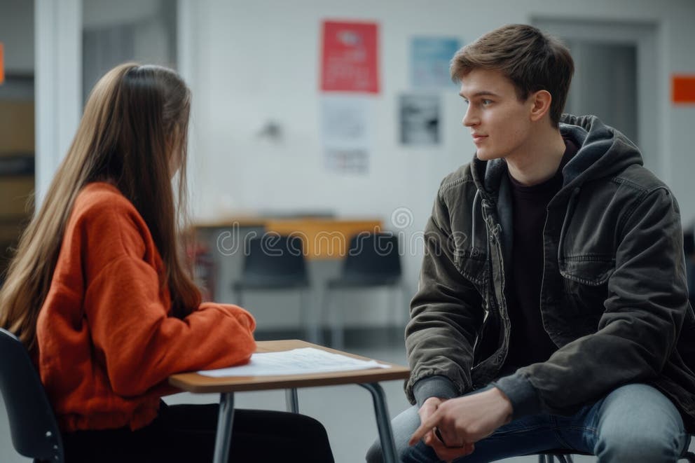 Two Students Engage in Conversation at a Study Table in a School ...