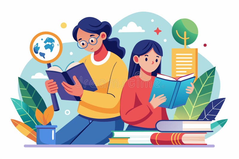 Two Students Engage in Reading and Research, Surrounded by Books and ...