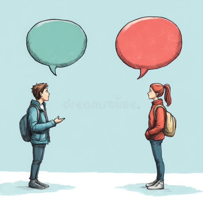 Two Students Engaged in Conversation with Colorful Speech Bubbles Stock ...