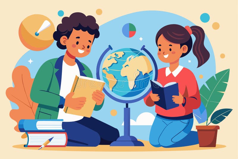 Two Students are Engaged in Studying a Globe and Reading Books in a ...