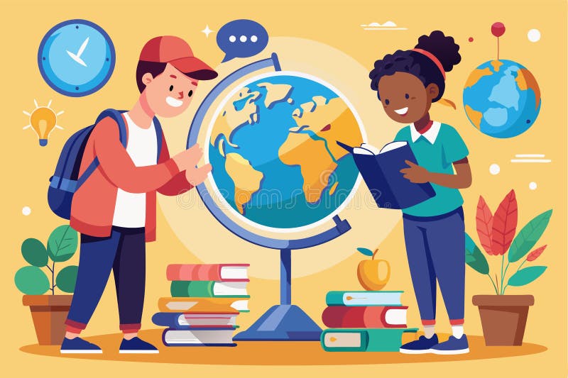 Two Students Explore a Flat Globe Map while Studying Geography in a ...