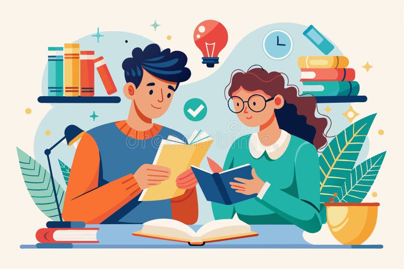 Two Students are Focused on Their Studies, Surrounded by Books, Plants ...