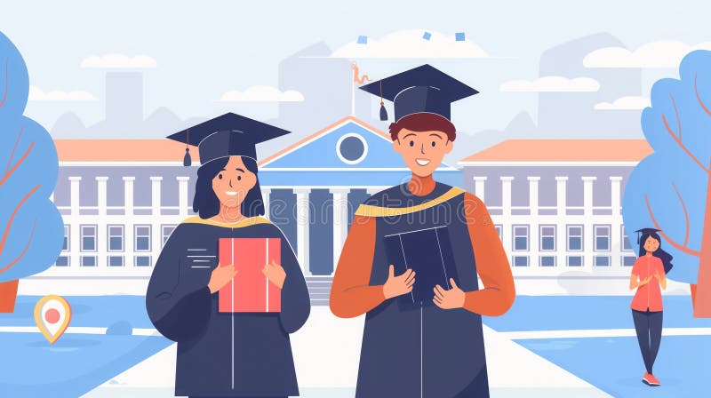 Two Students in Graduation Robes Hold Diplomas in Front of a University ...