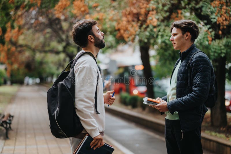 Two Students Having a Conversation Outdoors in Autumn Stock Photo ...