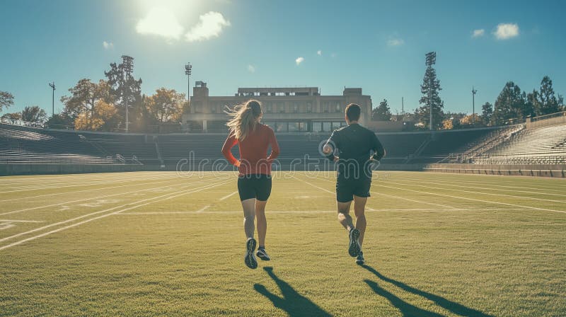 Two Students Jog Across a College Stadium Field Under the Sun Stock ...