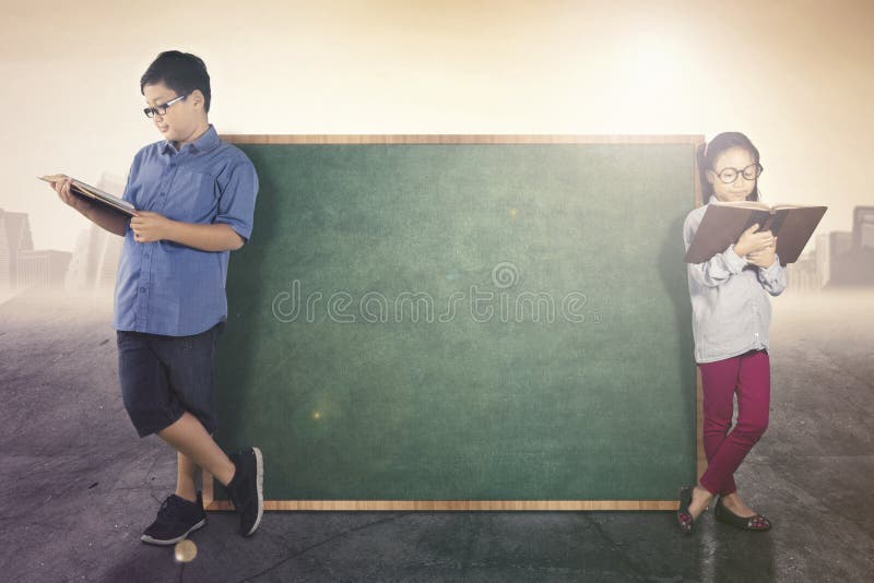Two Students Lean with Blank Chalkboard Stock Image - Image of chinese ...