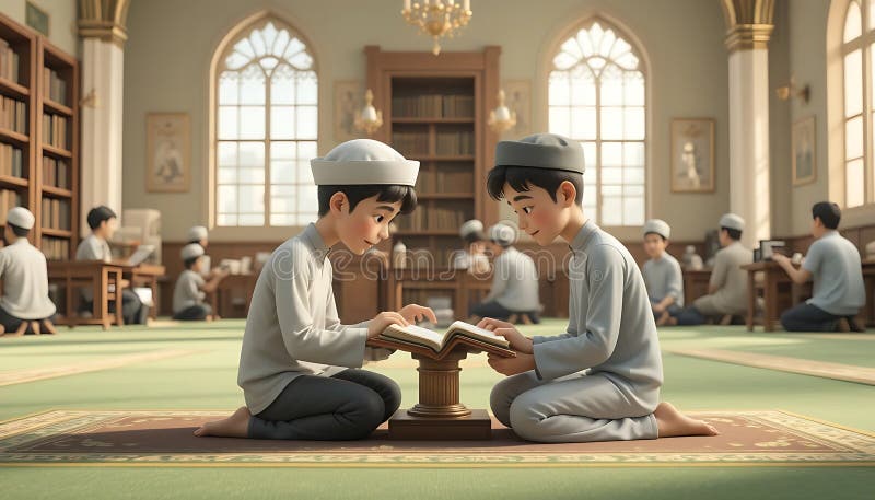 Two Students Learning Together Inside a Warm, Traditional Education ...