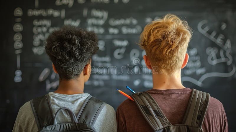 Two Students Looking at a Chalkboard in a Classroom Stock Illustration ...