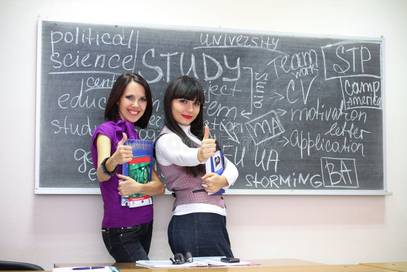Two Students Near Blackboard Stock Photo - Image of okay, formula: 22114446