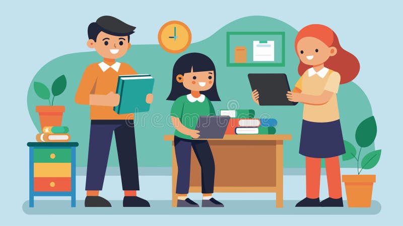 Two Students Organizing and Distributing Classroom Materials while ...