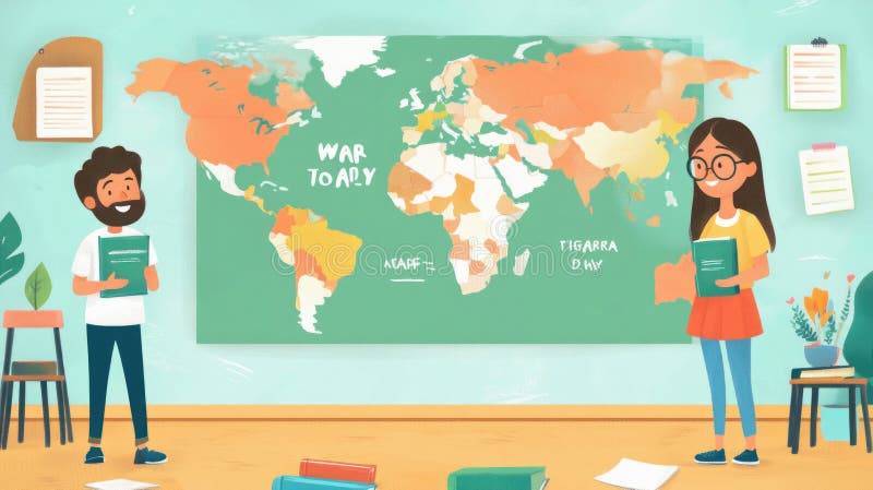 Students Presenting School Project about War and Peace with World Map ...
