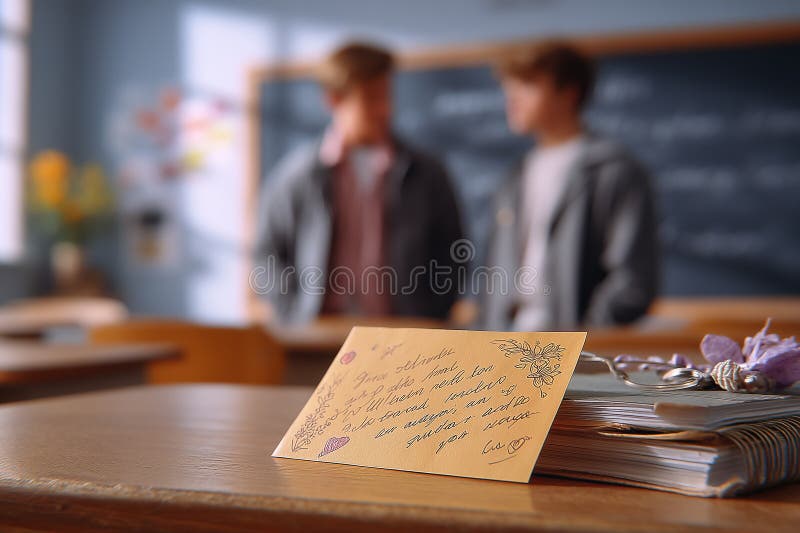 Two Students Quietly Pass Handwritten Notes in a 1990s Classroom Filled ...