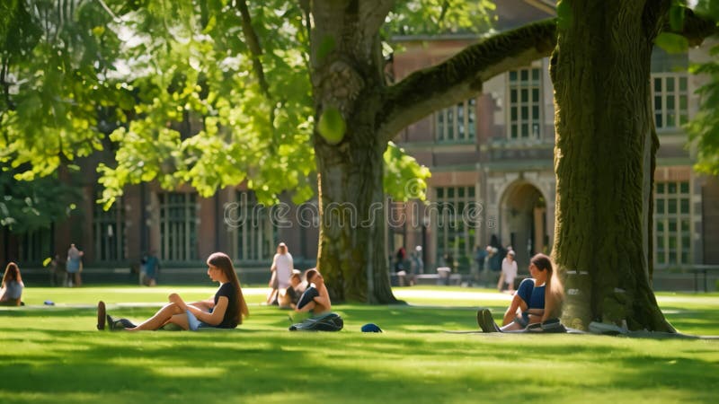 Two Students Relax on the Green Grass of a College Quad, Studying Under the Shade of Large Trees ...