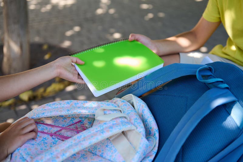 Students Exchanging Notebooks Outdoors on a Sunny Day Stock Photo ...