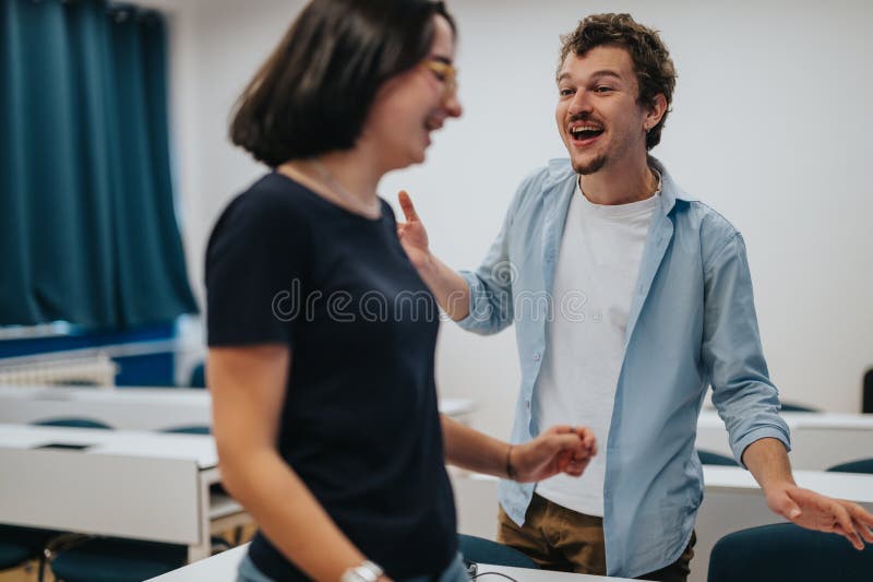 Two Students Sharing a Joyful Conversation in a Classroom Stock Photo ...