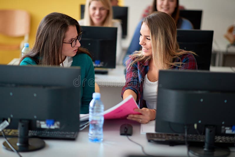 Two Student’s Girl on Class with Computer on University Campus Stock ...