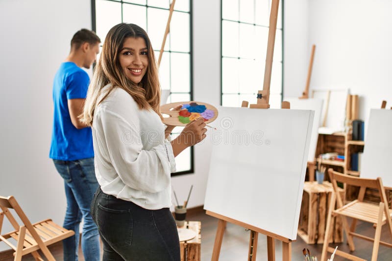 Two Students Smiling Happy Painting at Art School Stock Image - Image ...