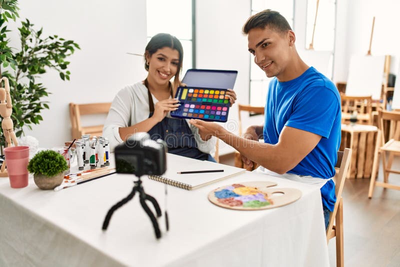 Two Students Smiling Happy Recording Paint Class Using Camera at Art ...
