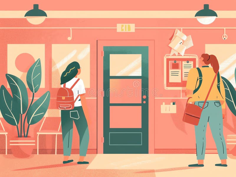 Two Students Standing by a Classroom Door One Looking at a Bulletin ...