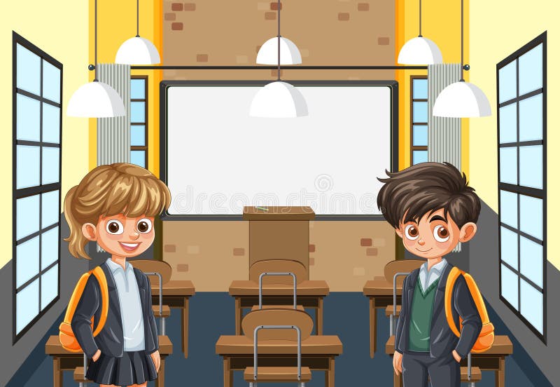 Two students standing stock vector. Illustration of desks - 328965353