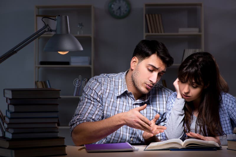 The Two Students Studying Late at Night Stock Photo - Image of evening ...