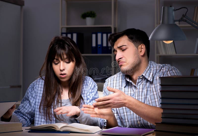 The Two Students Studying Late at Night Stock Image - Image of learning ...