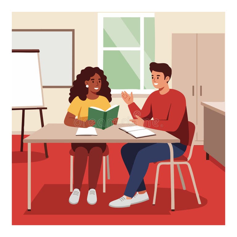 Two Students Studying Together at Classroom Desk Sharing Knowledge and Ideas in Casual Learning ...