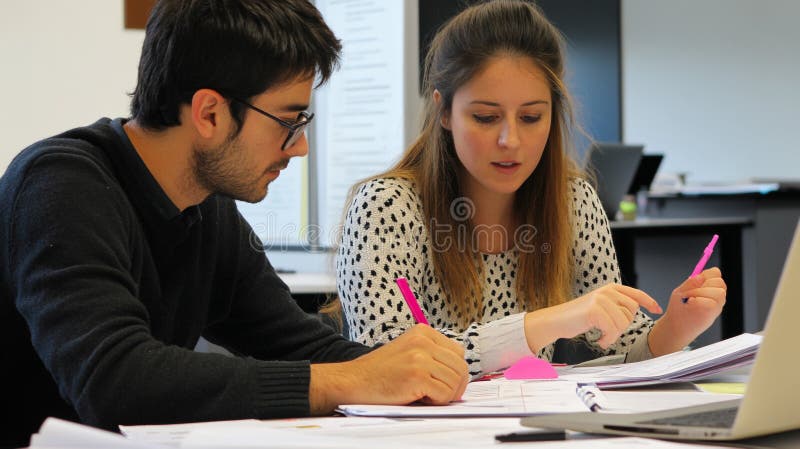 Two Students Studying Together in a Classroom with Laptop and Papers ...