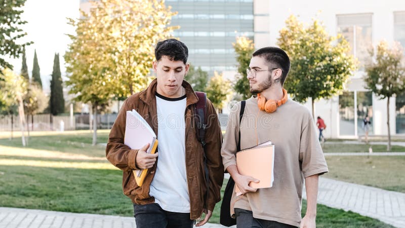 Two Students Talking while Walking in a Park Stock Photo - Image of ...