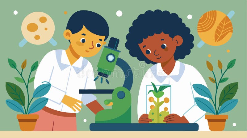 Two Students Using a Microscope To View Plant Cells for Their Biology ...