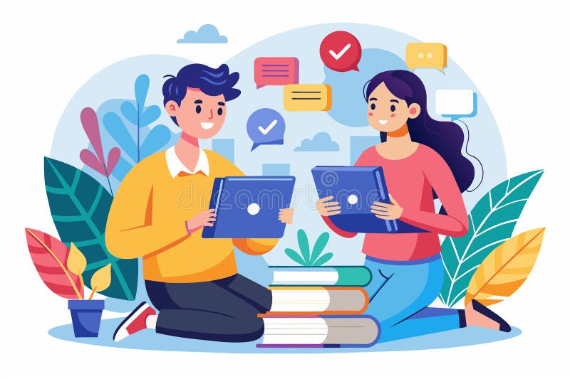 Two Students Work Together Using Tablets, Surrounded by Books and ...