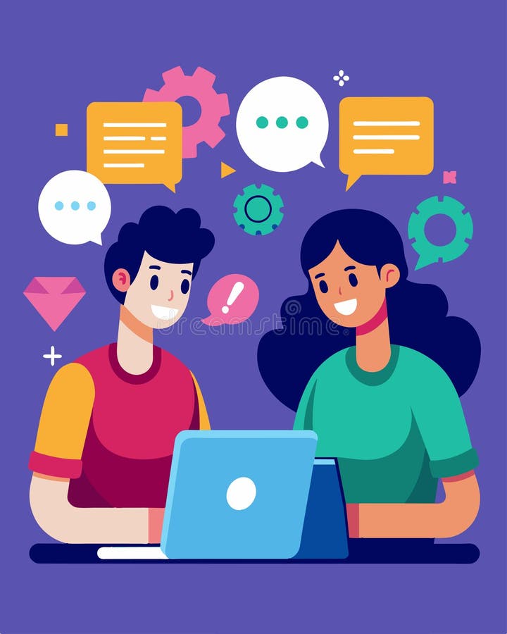 Two Students Working on Separate Laptops but Communicating and Sharing ...