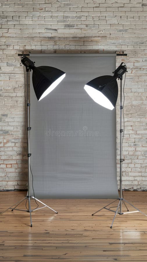 Two Studio Lights with Softboxes are Set Up in Front of a Grey Backdrop ...
