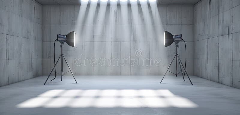 Two Studio Lights Stand on Tripods in an Empty Concrete Room with ...