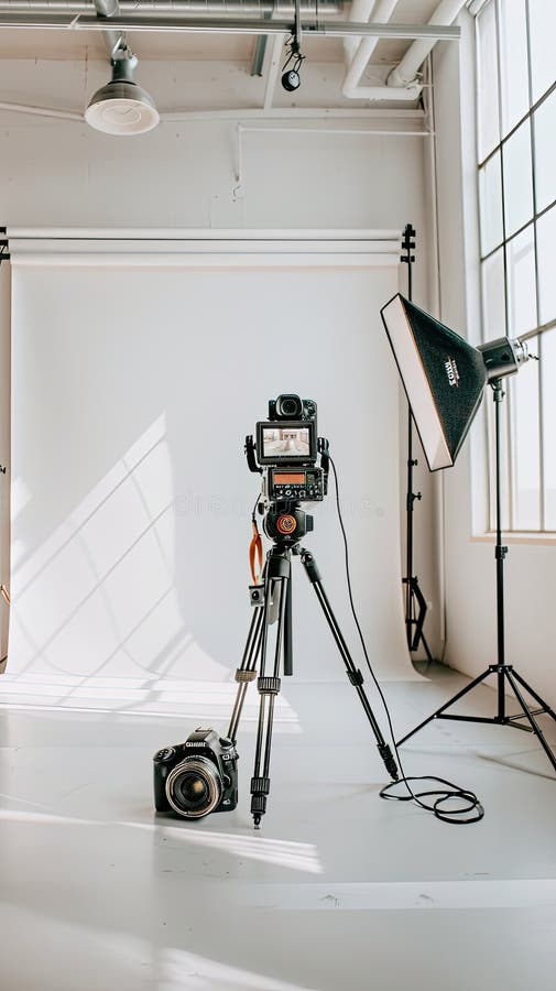 Two Studio Lights Stand on Tripods in an Empty Concrete Room with ...