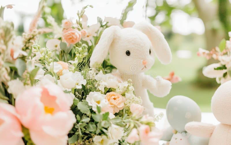 Two Stuffed Animals beside a Colorful Bouquet, Perfect for Easter ...