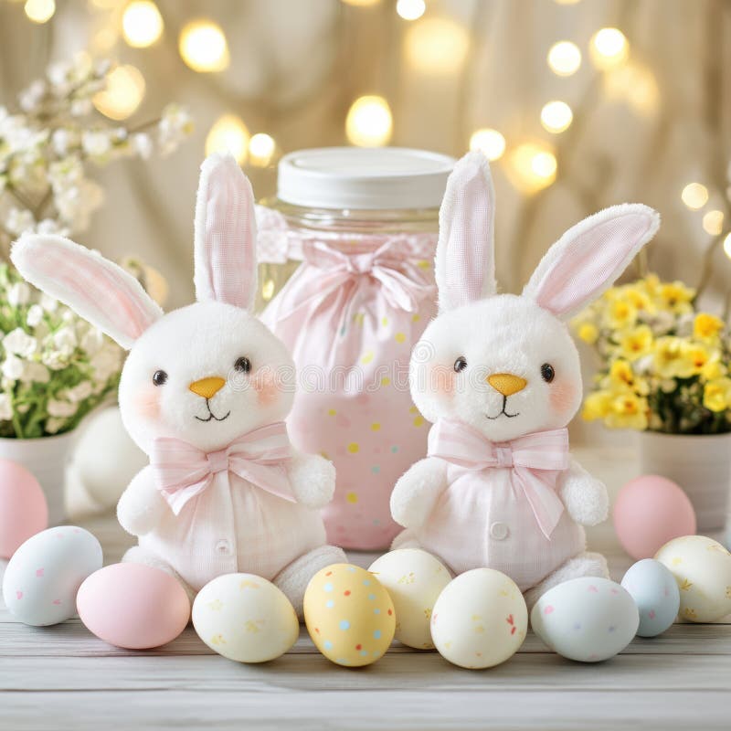 Two Stuffed Animals Sit Together beside Colorful Easter Eggs. Stock ...