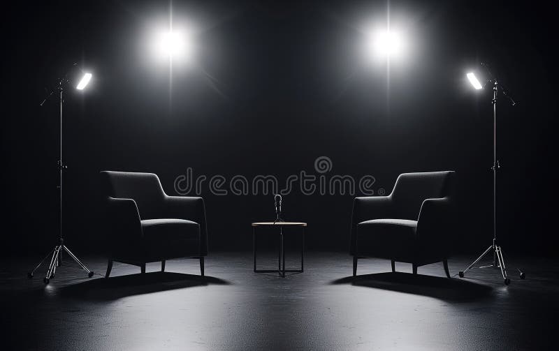 Two Stylish Chairs Set for an Interview Under Bright Stage Lights in a ...