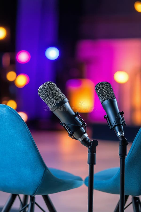 Colorful Microphones and Chairs Set Up for a Podcast Recording in a ...