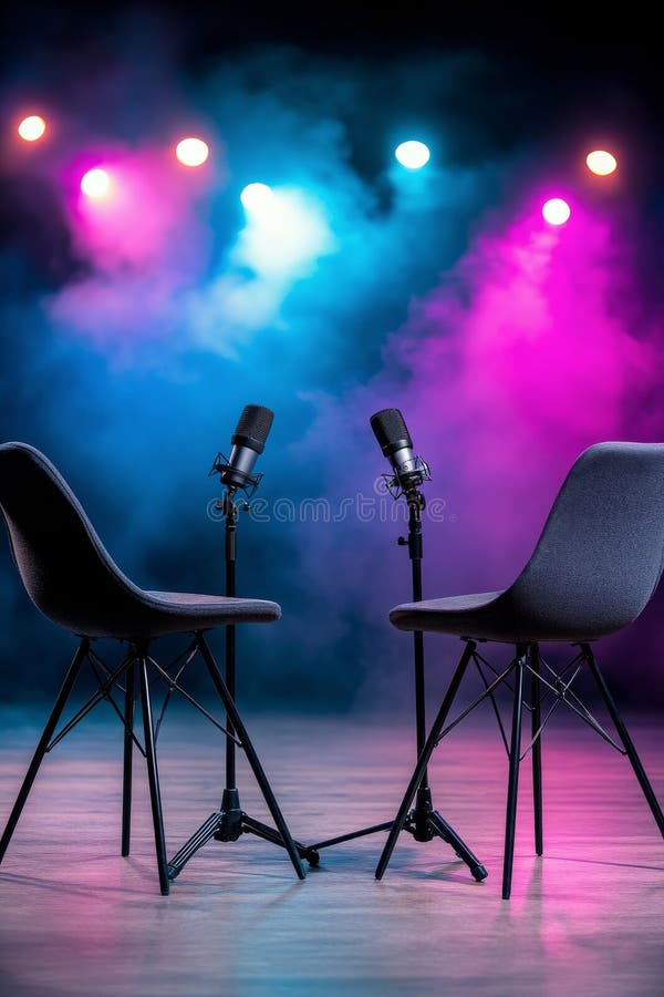 Colorful Microphones and Chairs Set Up for a Podcast Recording in a ...