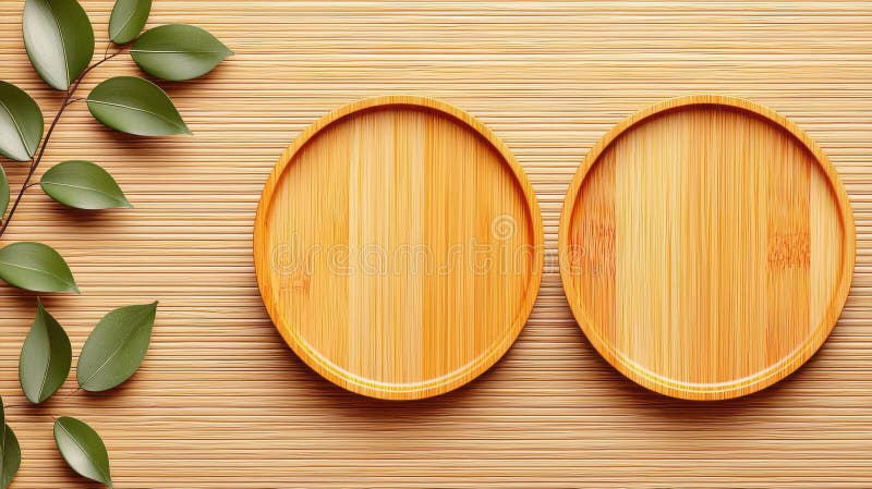 Two Stylish Empty Bamboo Trays on a Beige Textured Background Provide ...