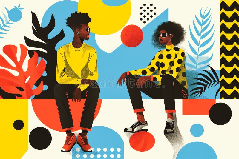 Two Stylish Figures in a Playful Composition of Bold Geometric Shapes ...